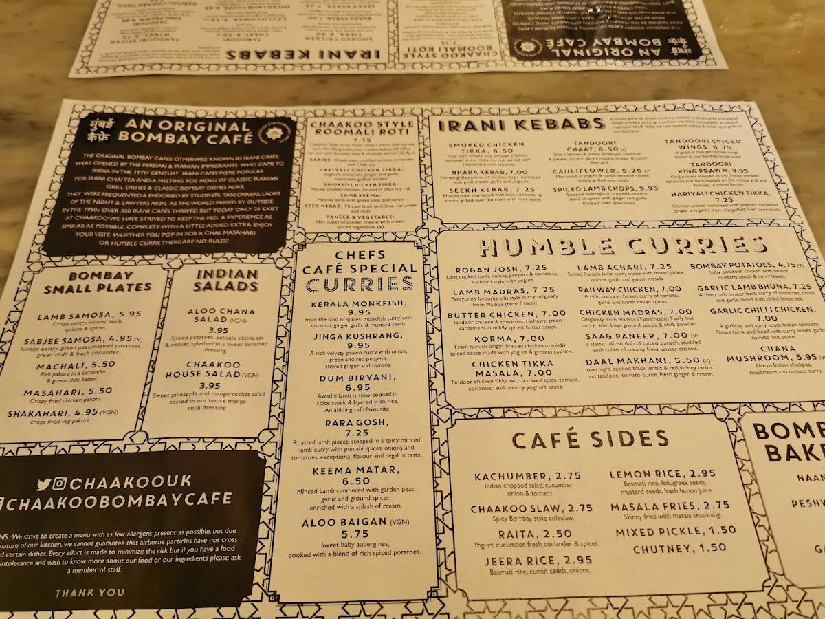 Menu at Chaakoo Bombay Cafe, Glasgow