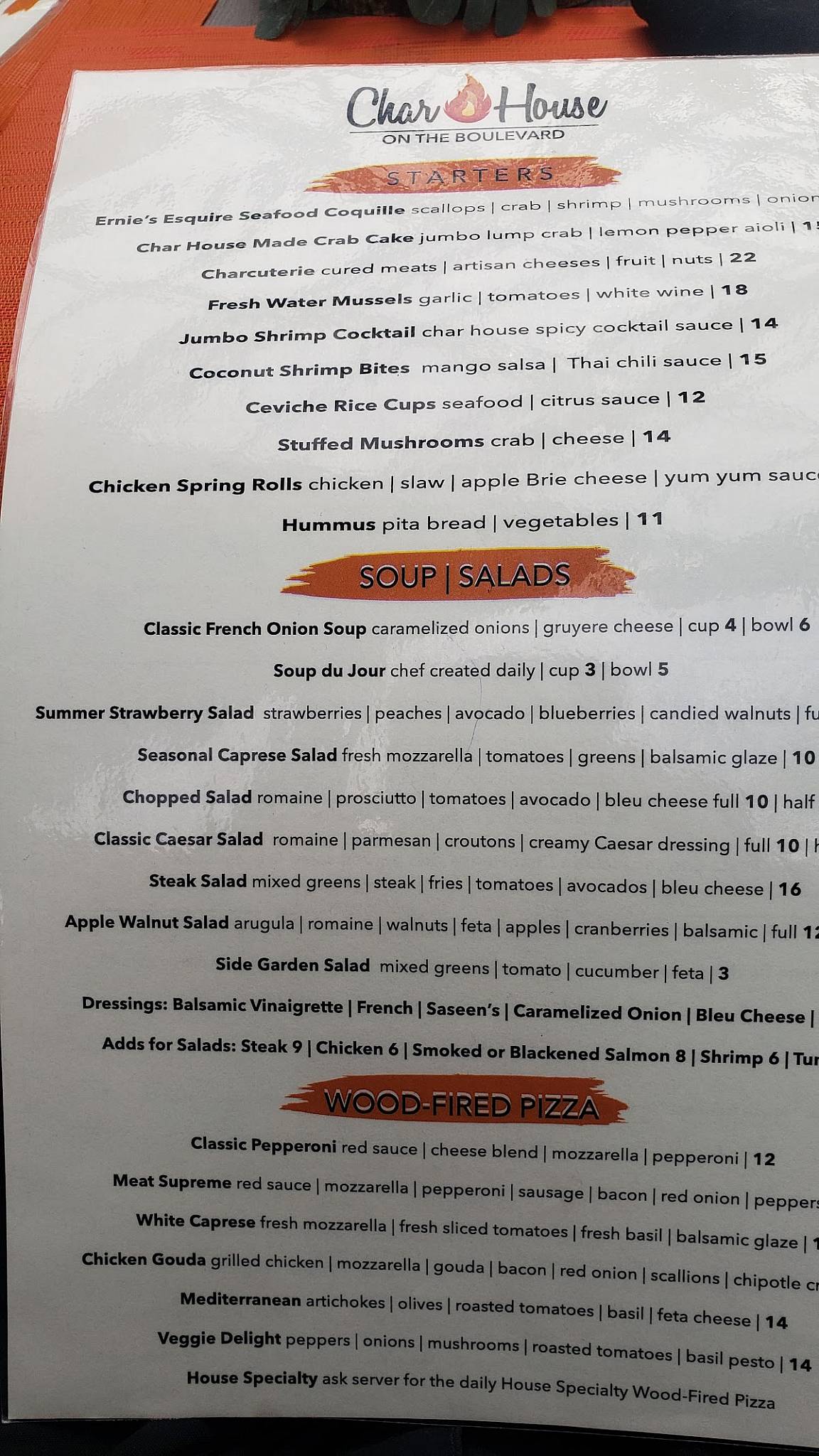 Menu at Char House on the Boulevard pizzeria, Wheeling