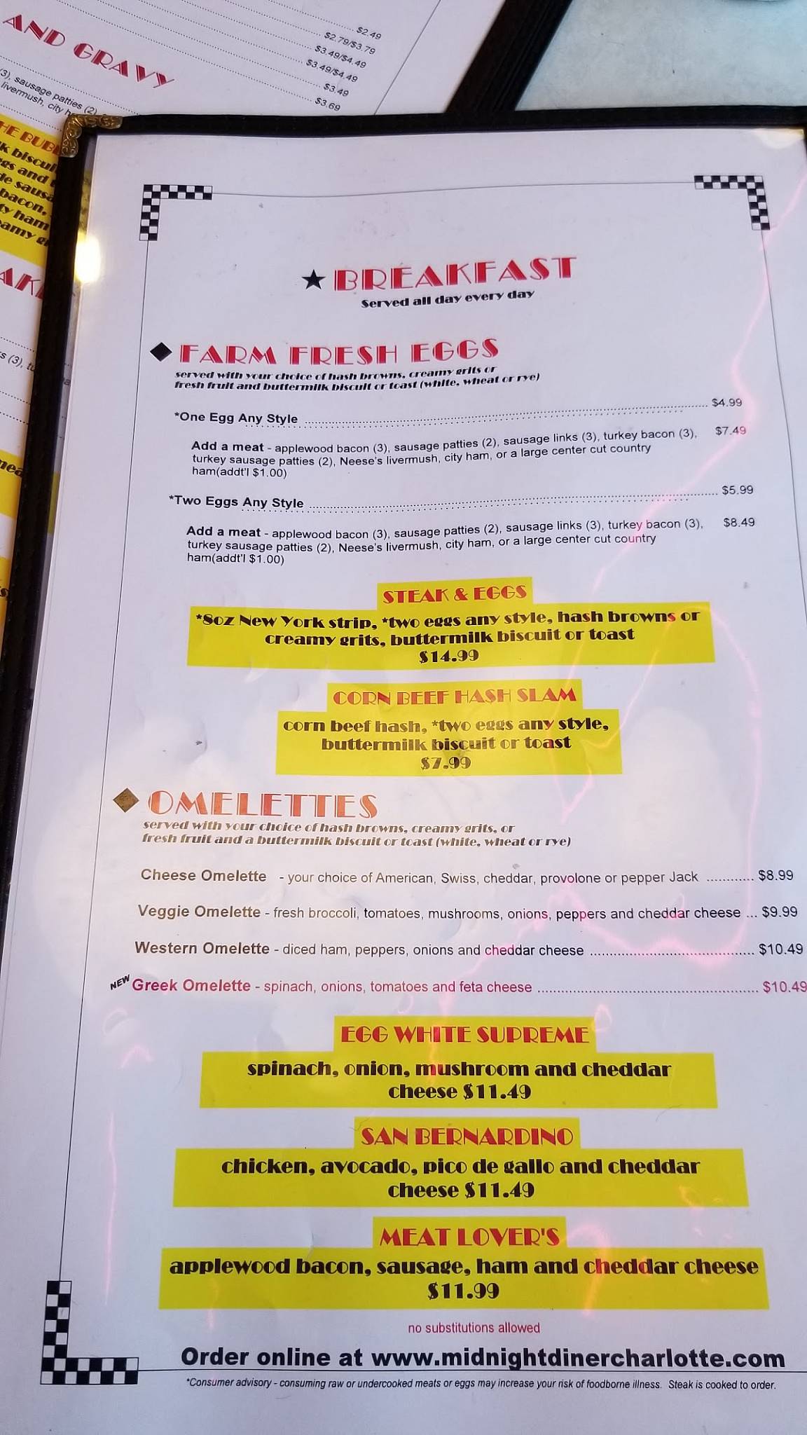 Menu at Midnight Diner restaurant, Charlotte, 108 E Morehead St