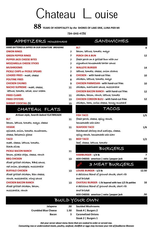 Menu at Chateau Louise Restaurant, Luna Pier, Luna Pier Rd