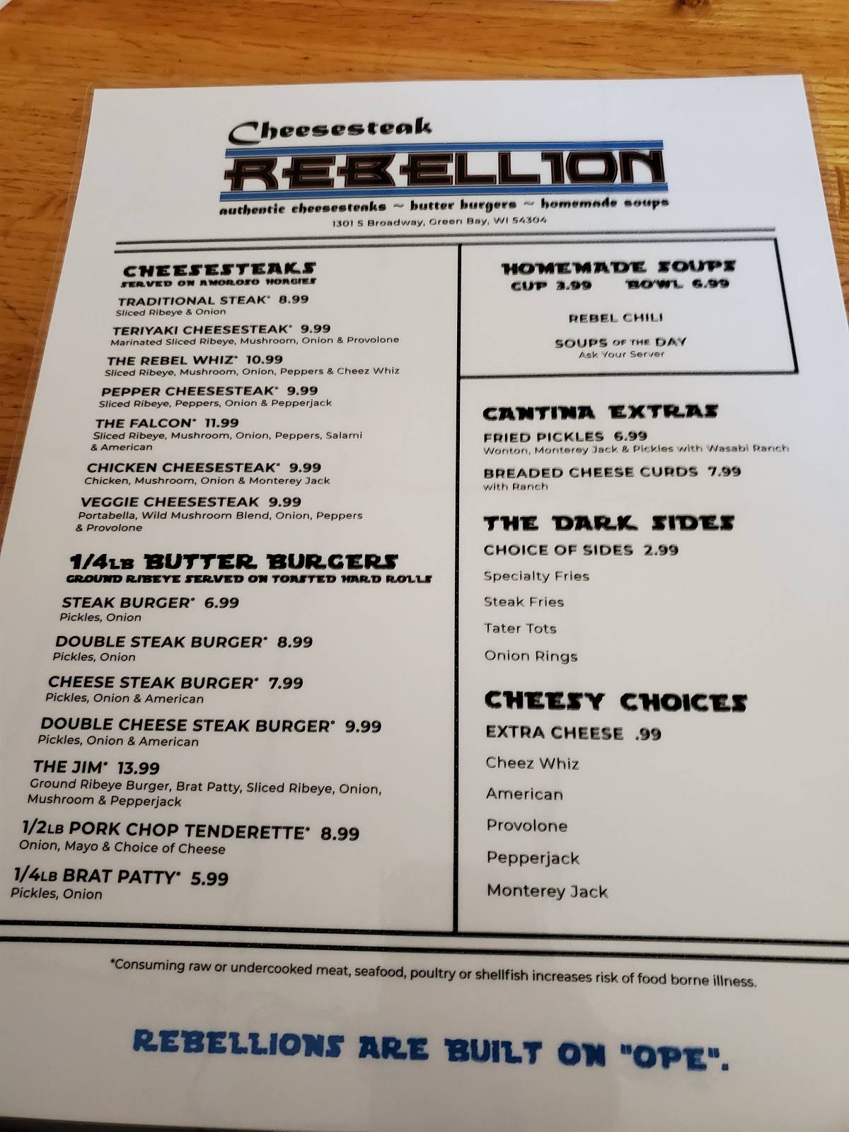Menu at Cheesesteak Rebellion restaurant, Green Bay