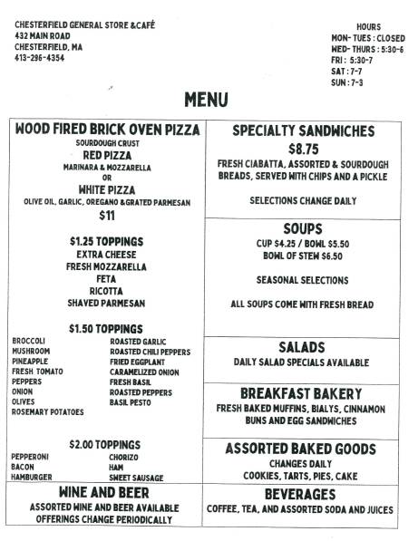 Menu at Chesterfield General Store and Cafe, Chesterfield