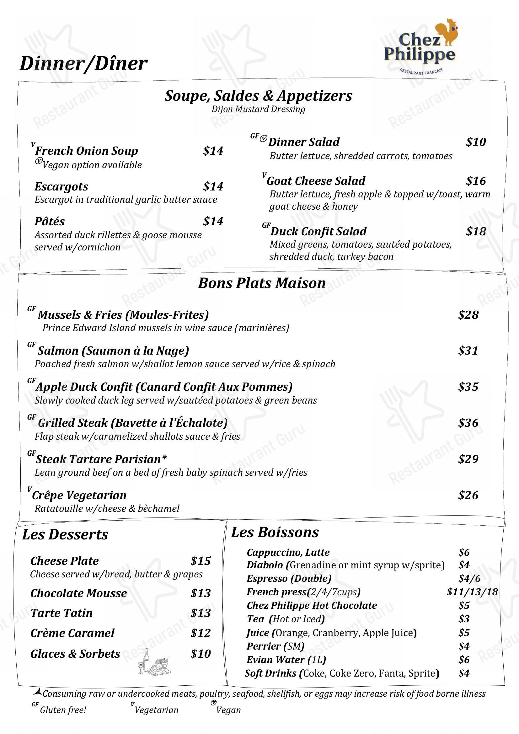 Carta del pub y bar Chez Philippe, Los Gatos