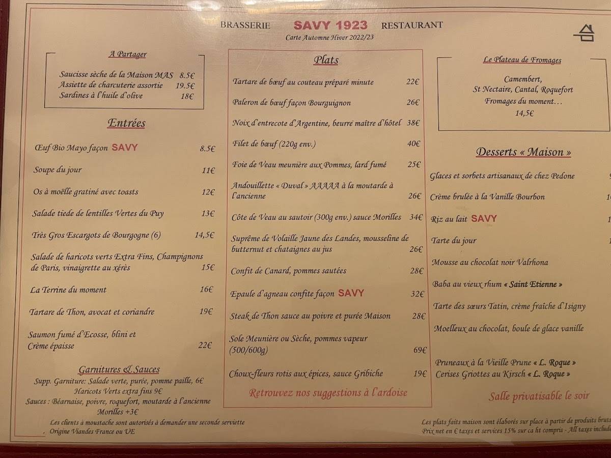 Menu at Chez Savy restaurant, Paris