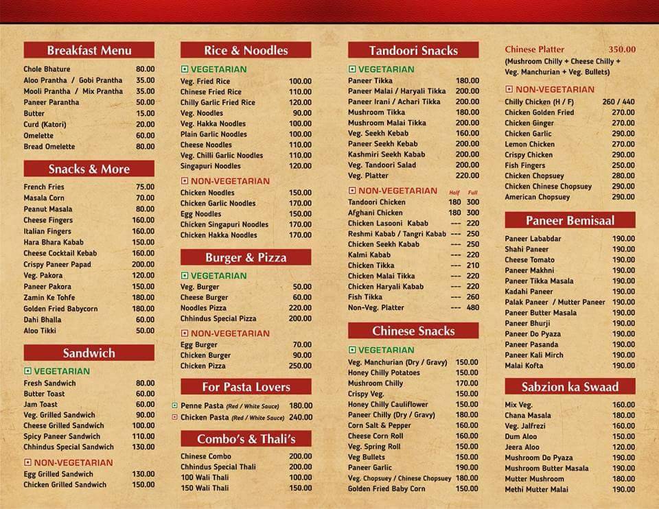 Menu at Chhindus, Nawanshahr