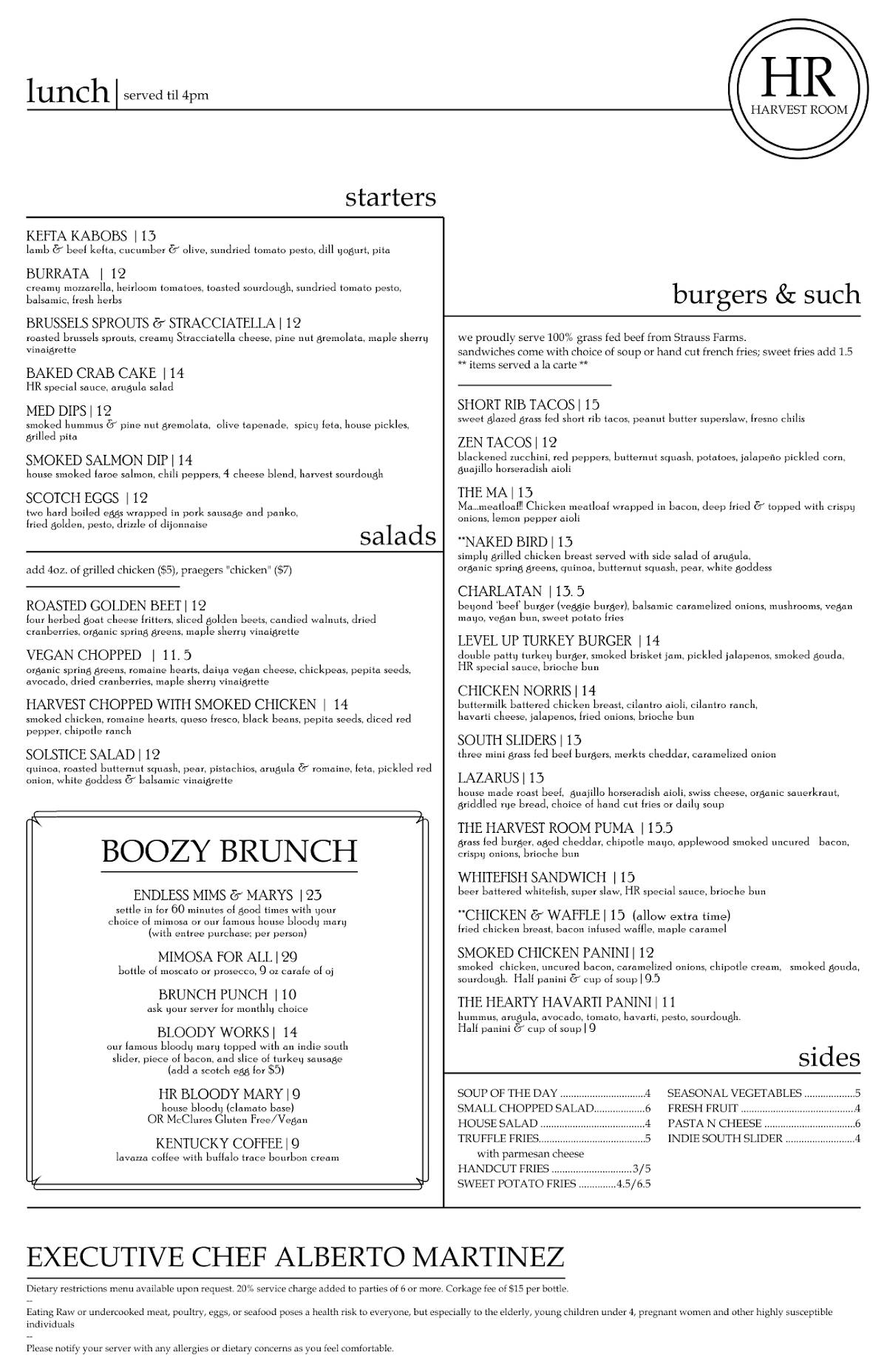 Menu at Harvest Room - Palos Heights restaurant, Palos Heights