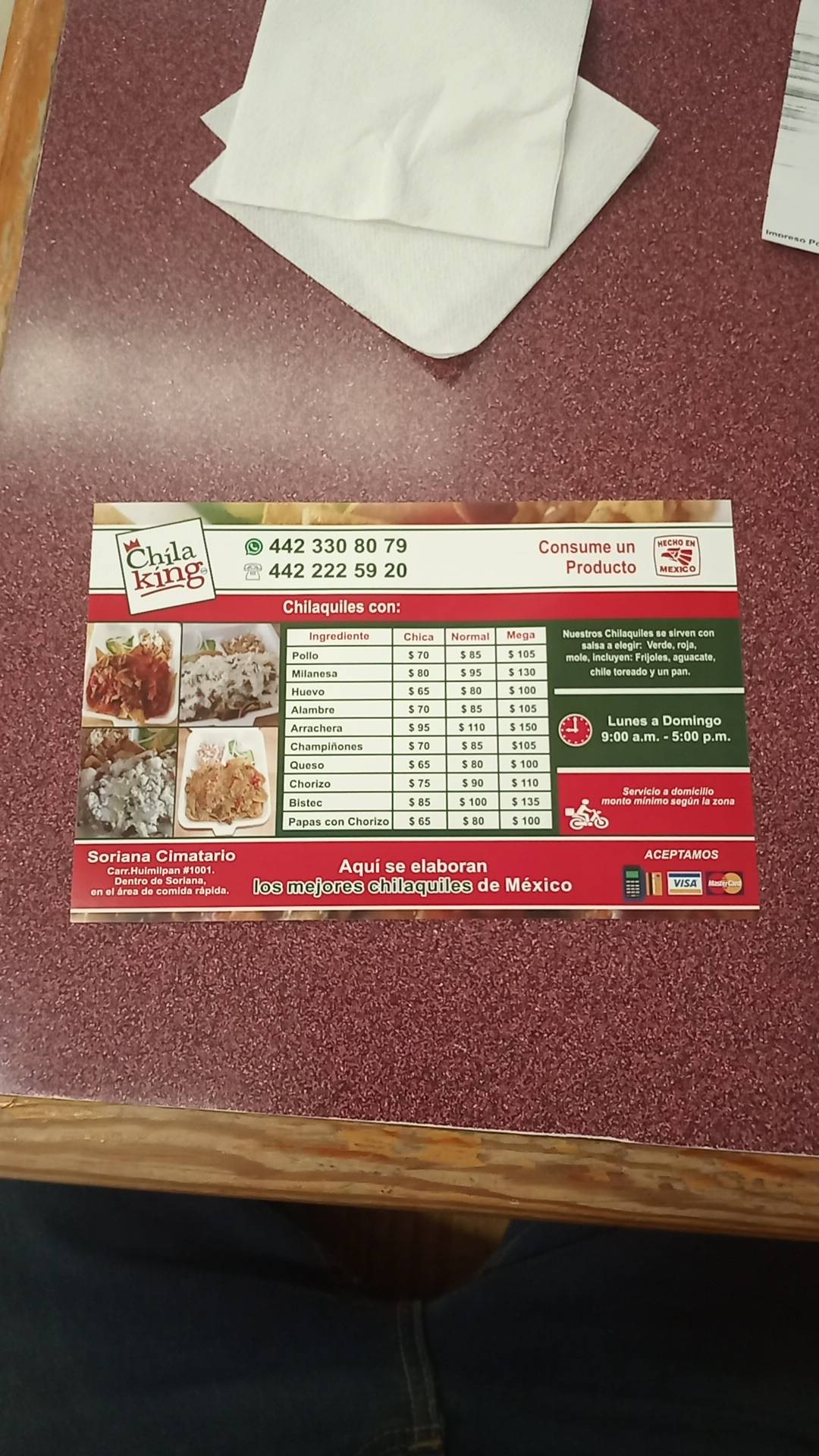 Carta del restaurante Chilaking Soriana Cimatario, Santiago del Querétaro