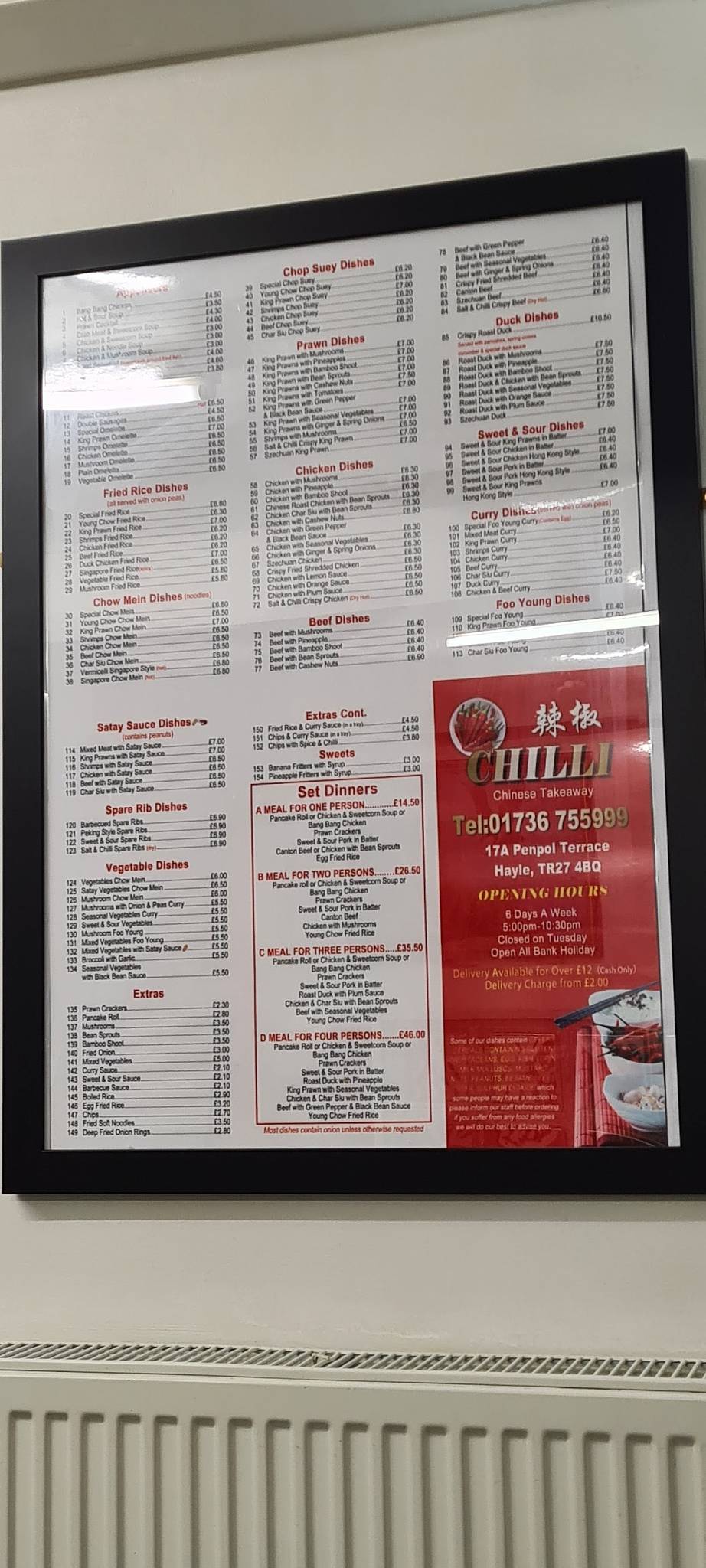 Menu at Chilli Chinese Takeaway fast food, Hayle