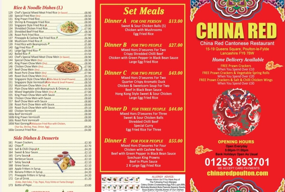 Menu at China Red restaurant, Poulton-le-Fylde