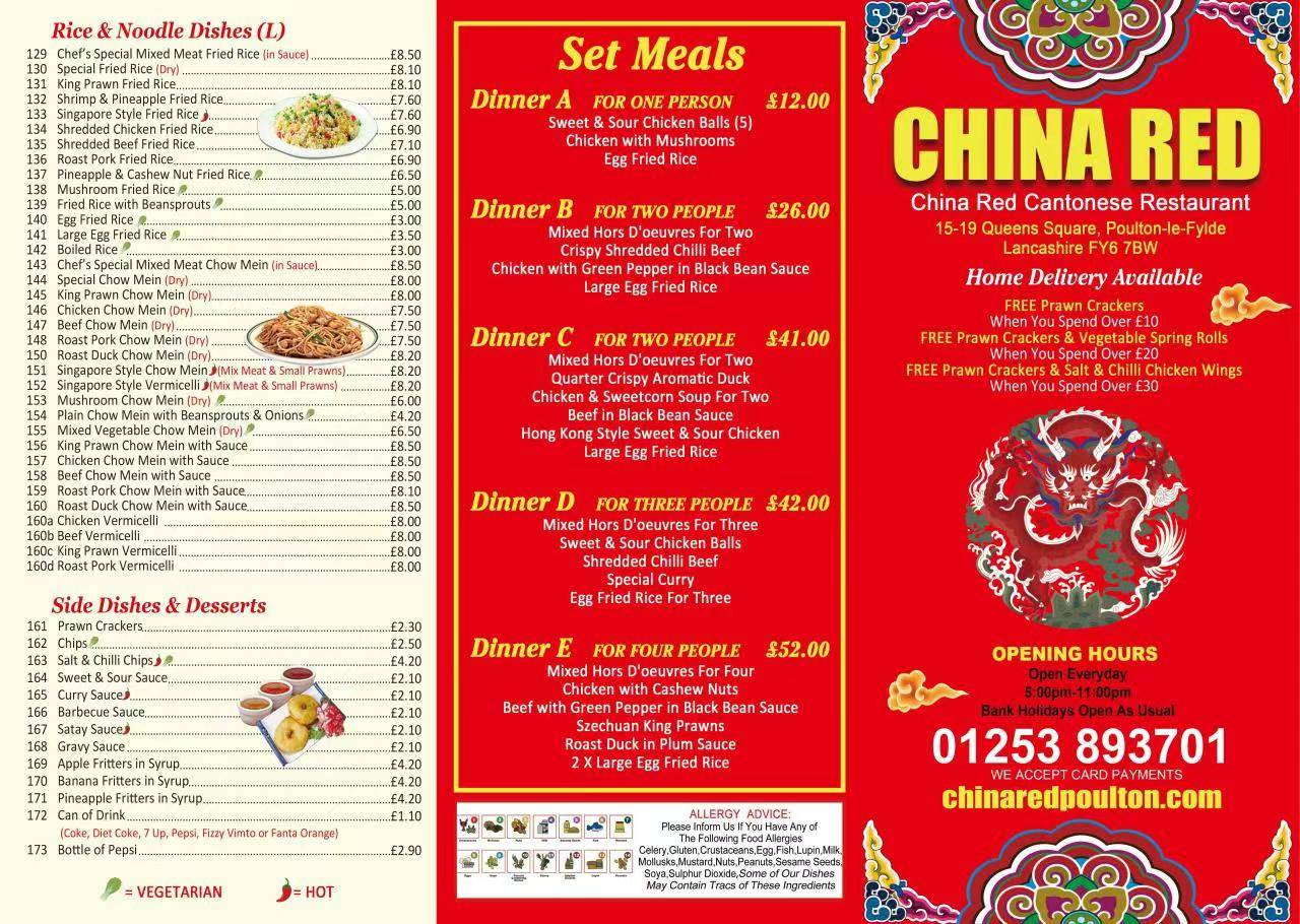 Menu at China Red restaurant, Poulton-le-Fylde
