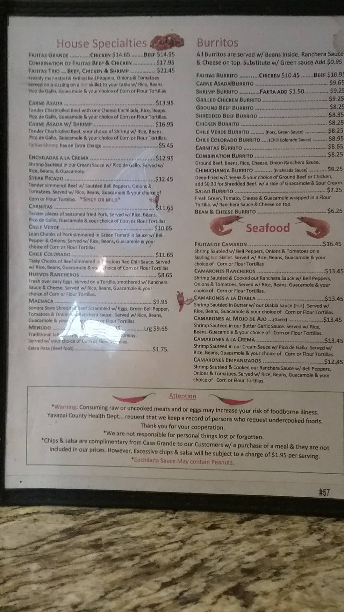 Menu at Casa Grande Mexican Restaurant, Chino Valley
