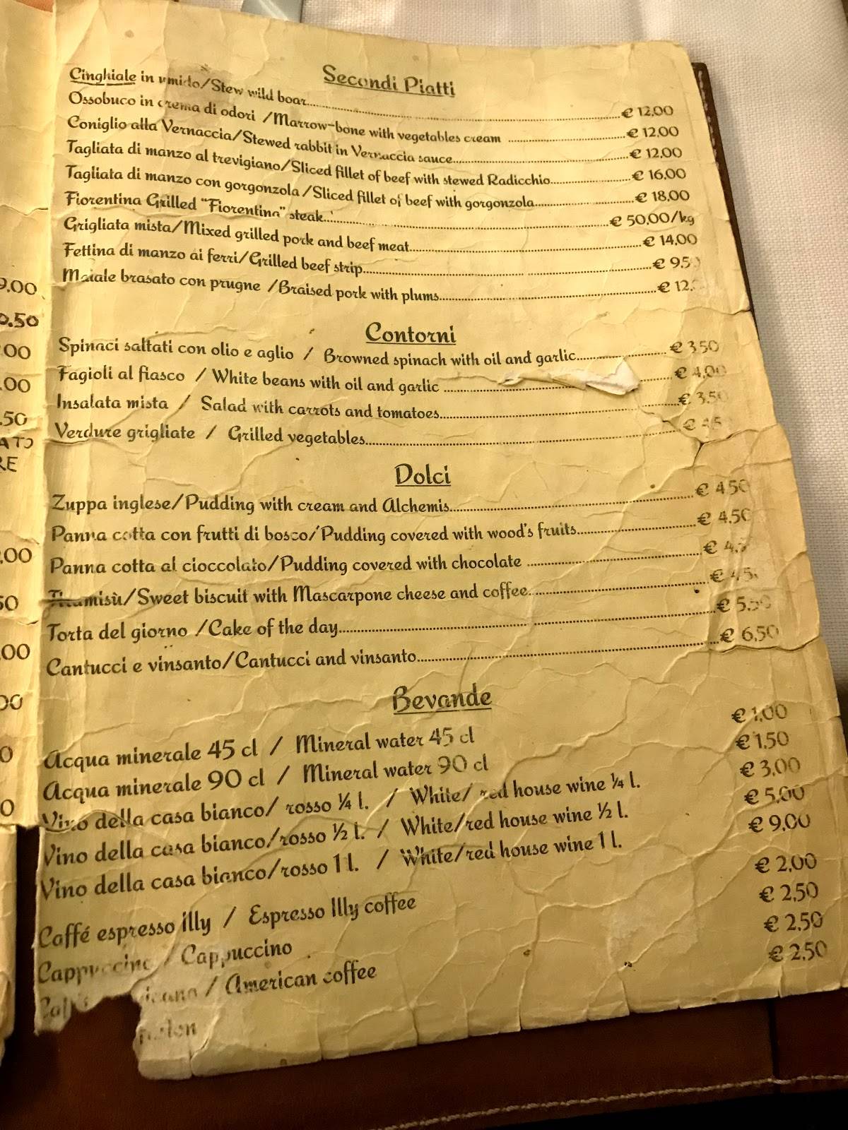 Speisekarte von Chiribiri restaurant, San Gimignano