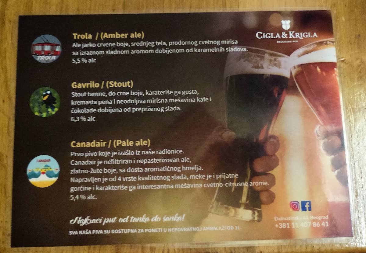Menu at Cigla & Krigla Pub, Belgrade