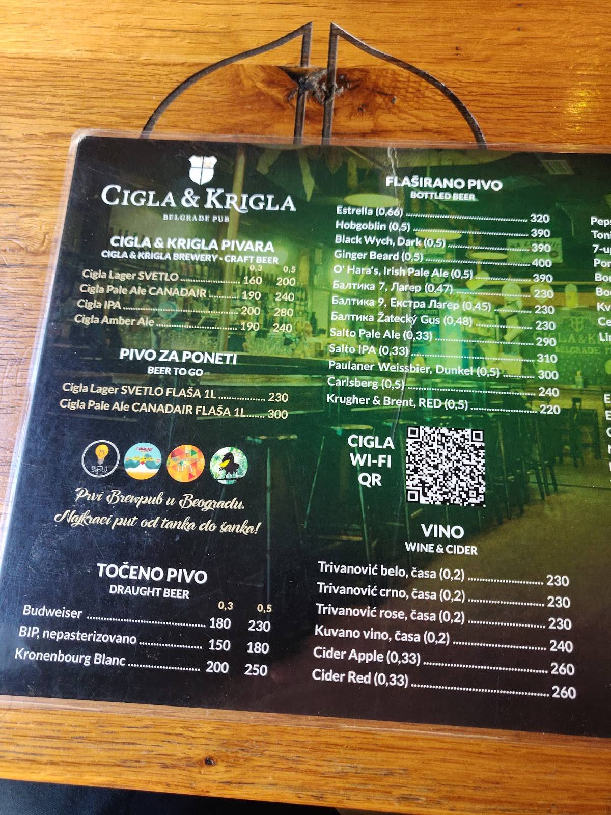Menu at Cigla & Krigla Pub, Belgrade