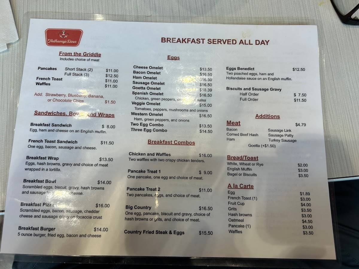Menu at Hathaway's Diner cafe, Cincinnati