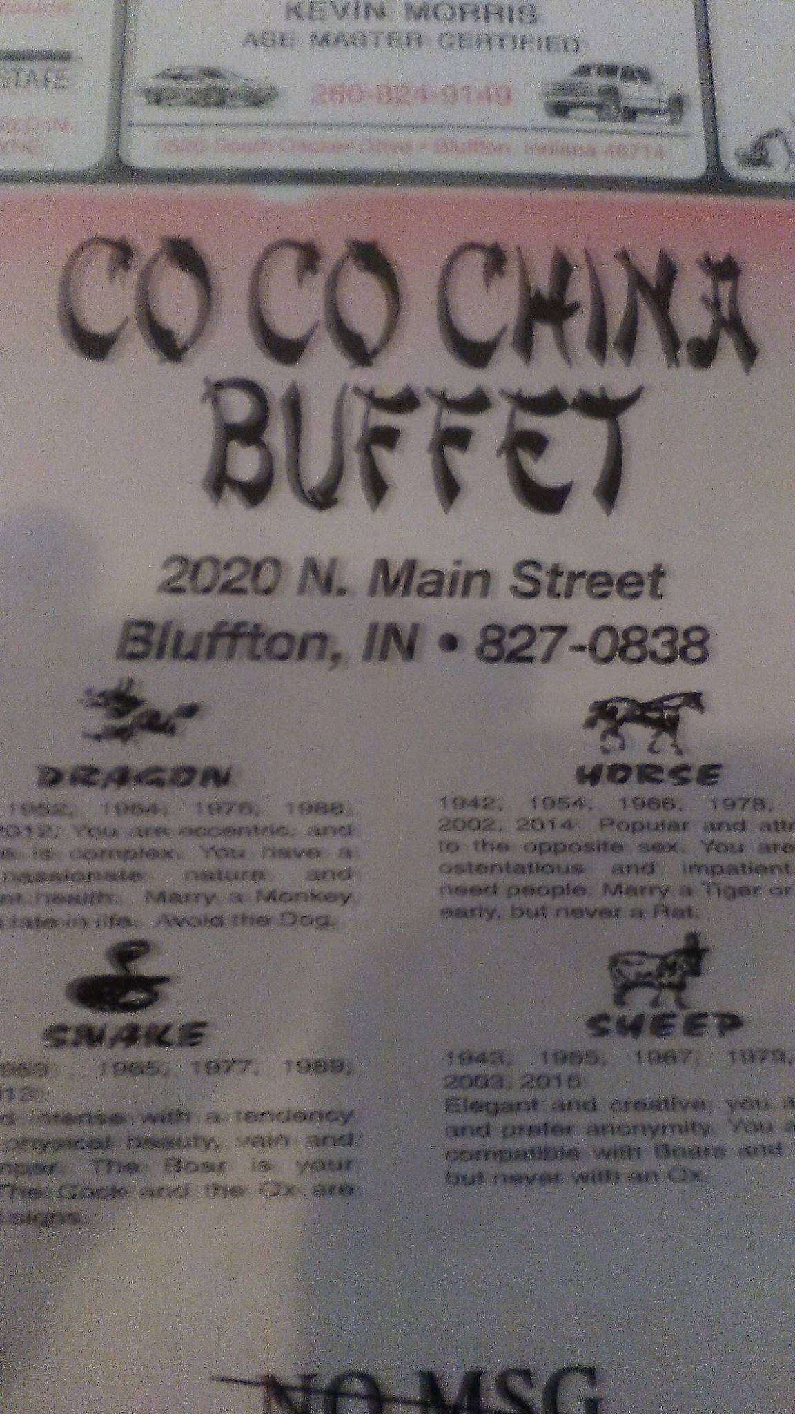 Menu at Coco China Buffet restaurant, Bluffton