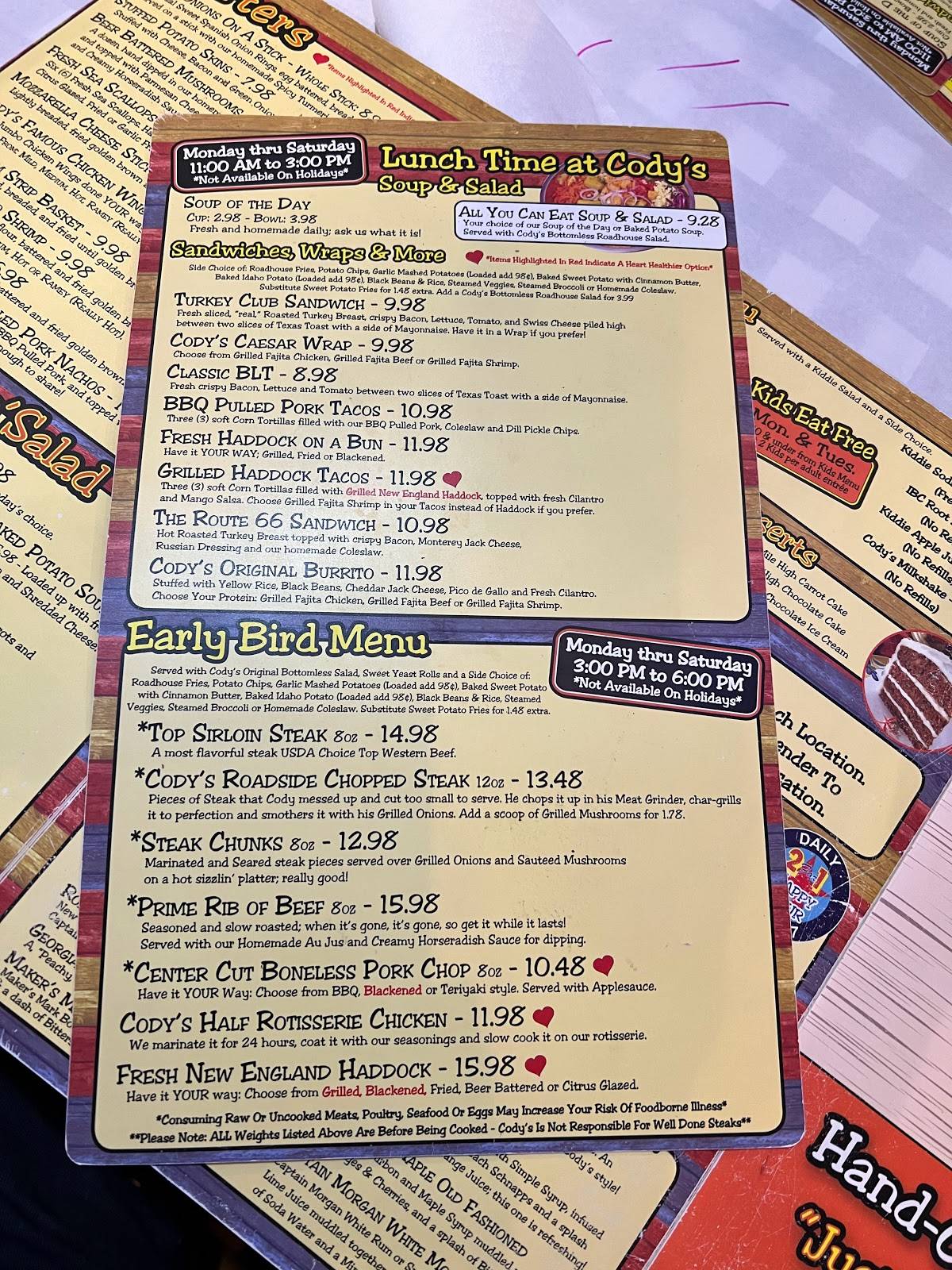 Menu at Cody's Original Roadhouse - Sumter steakhouse, The Villages ...