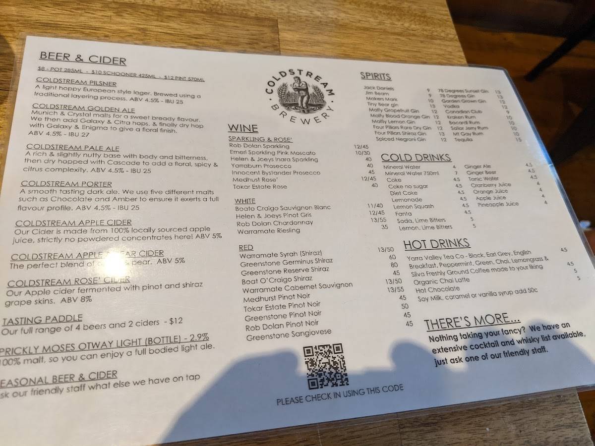 Menu at Coldstream Brewery restaurant, Coldstream