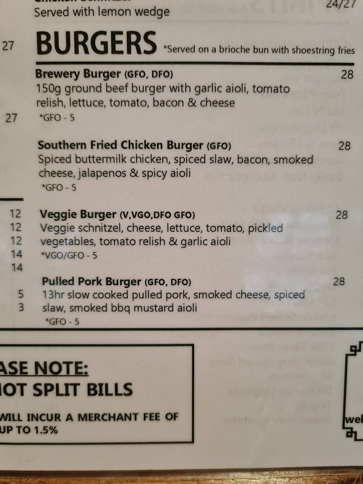 Menu at Coldstream Brewery restaurant, Coldstream