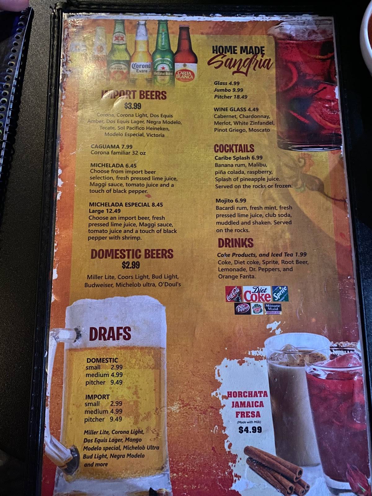 Menu at Coco's & Beer Authentic Mexican Grill restaurant, Columbia