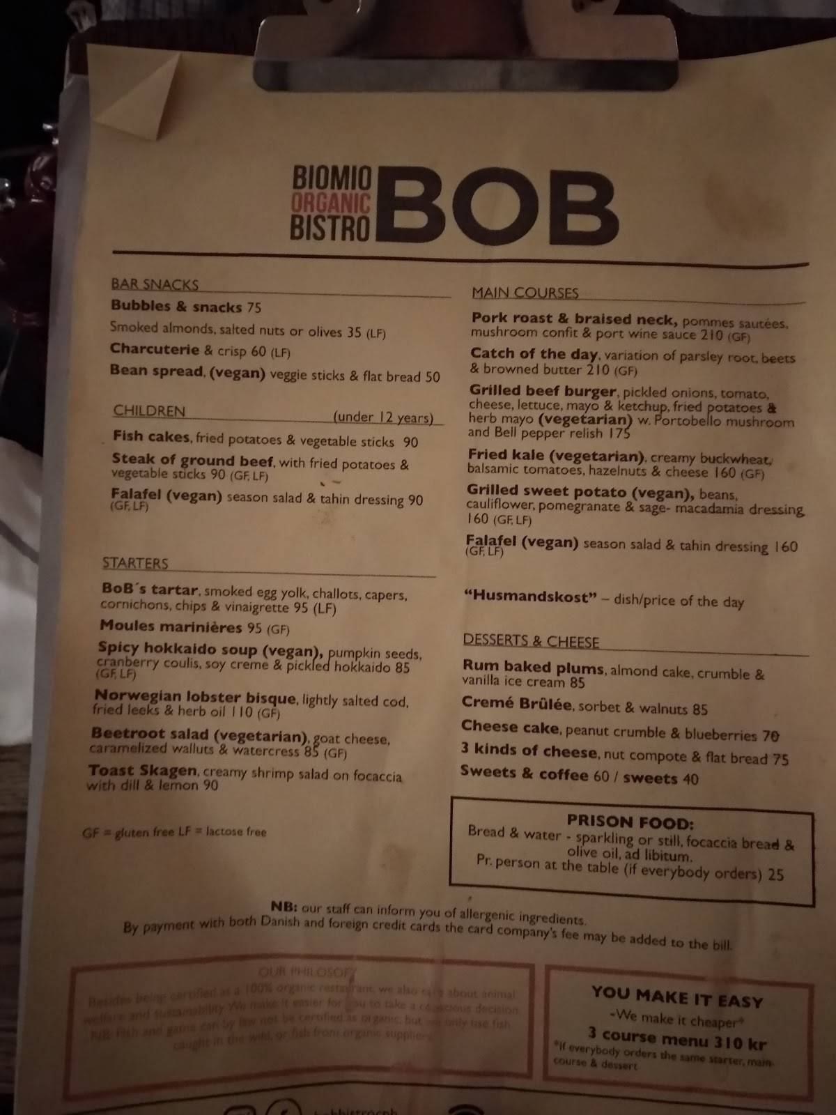 Menu at Bob Bistro restaurant, Copenhagen