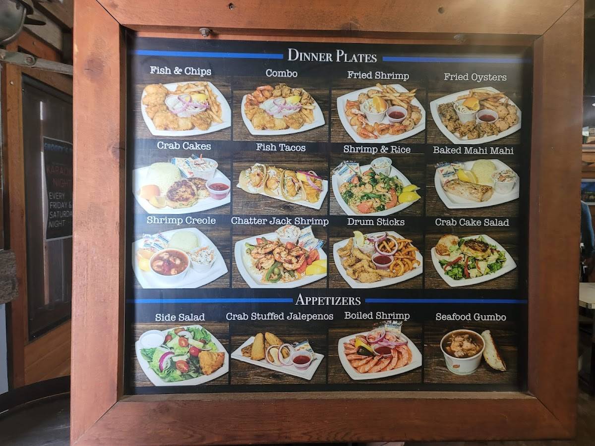 Menu at Snoopy's Pier restaurant, Corpus Christi, S Padre Island Dr