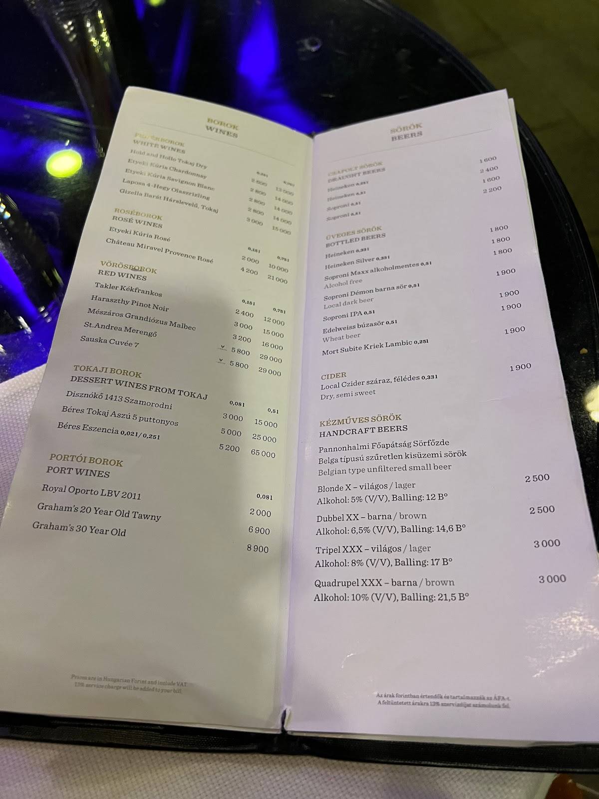 Menu at Corso restaurant, Budapest