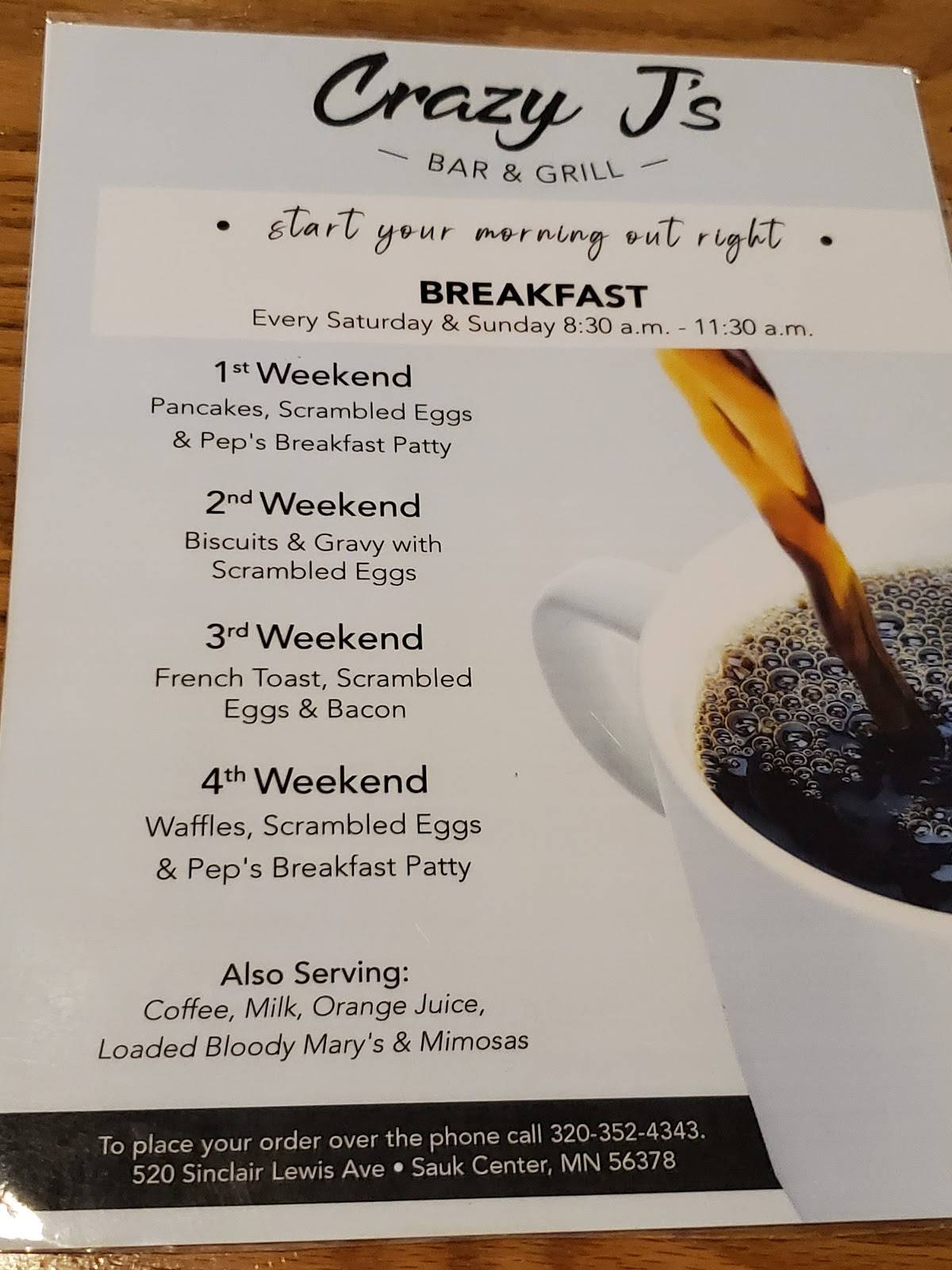 Menu at Crazy J's Bar & Grill, Sauk Centre