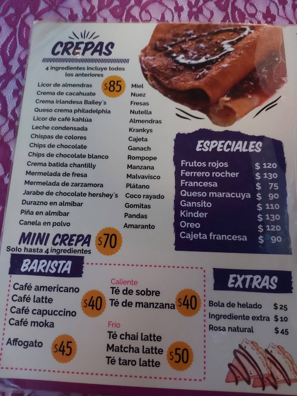 Carta del café Crepas Sweet Dreams Aralias, Puerto Vallarta