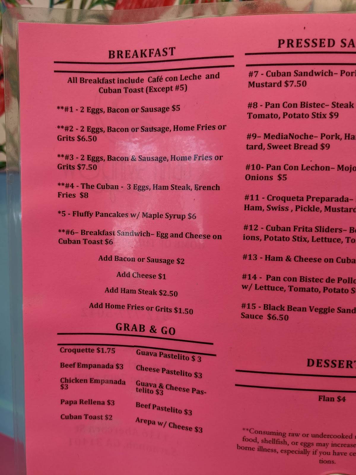 Menu at The Cuban Window restaurant, Savannah