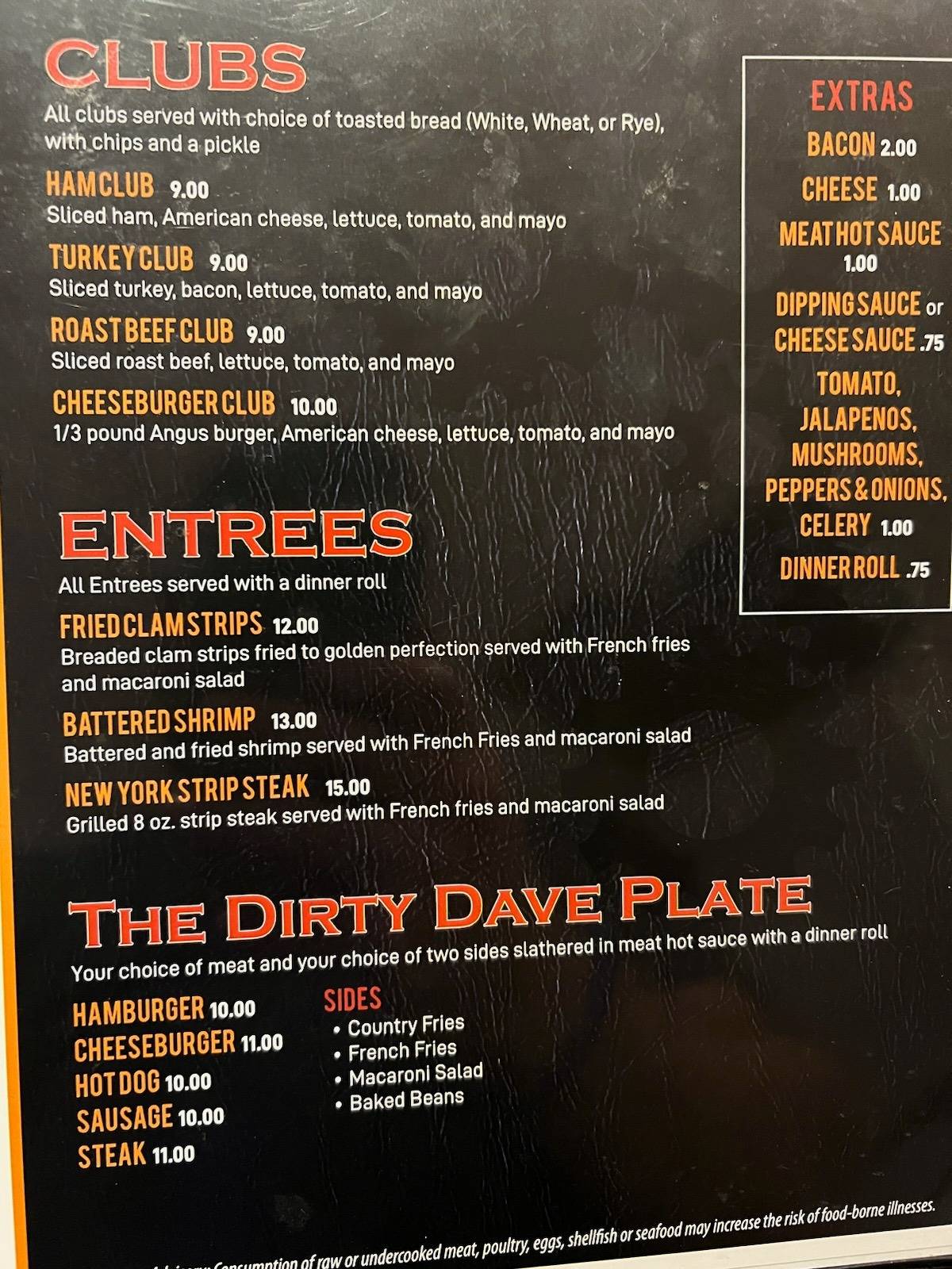 Menu at DIRTY DAVES pub & bar, Scottsville