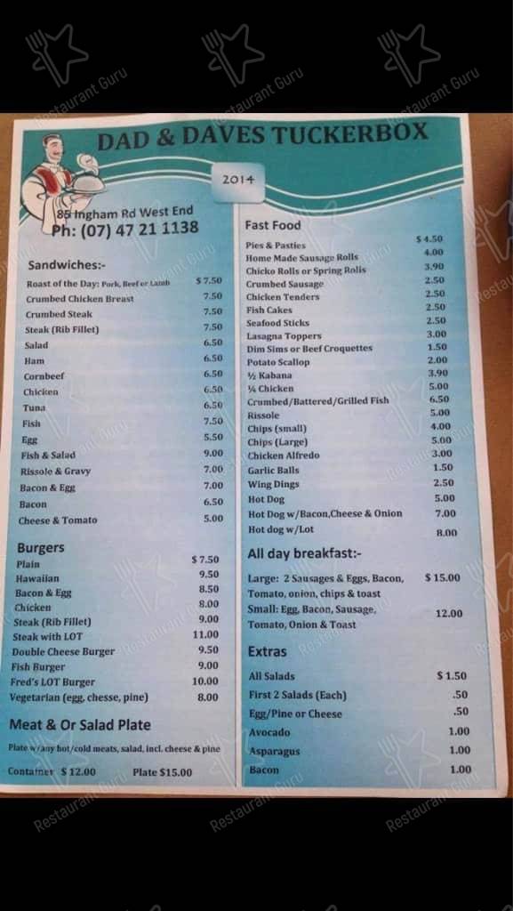 Menu at Dad & Daves Tuckerbox fast food, West End