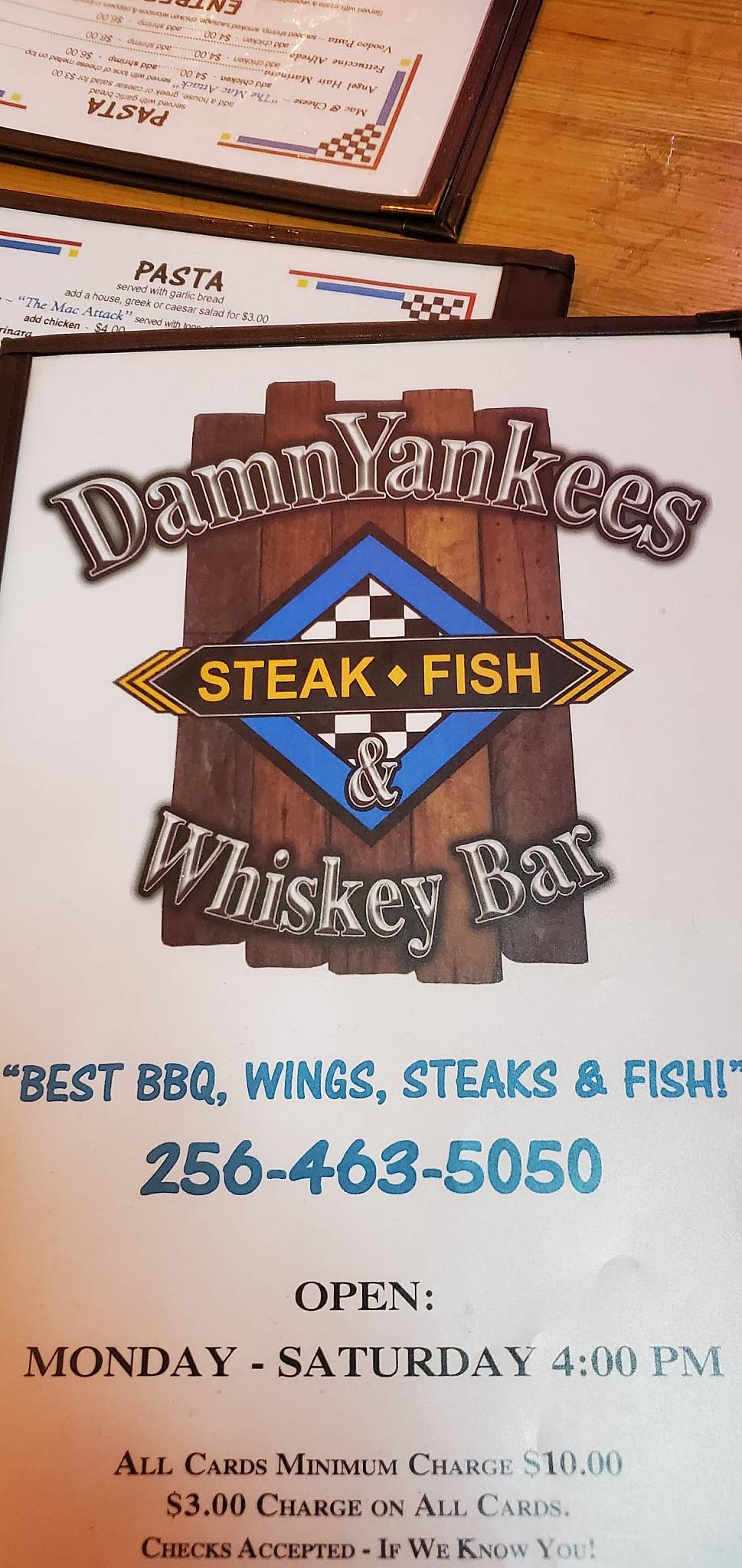 Menu at DamnYankees restaurant, Heflin