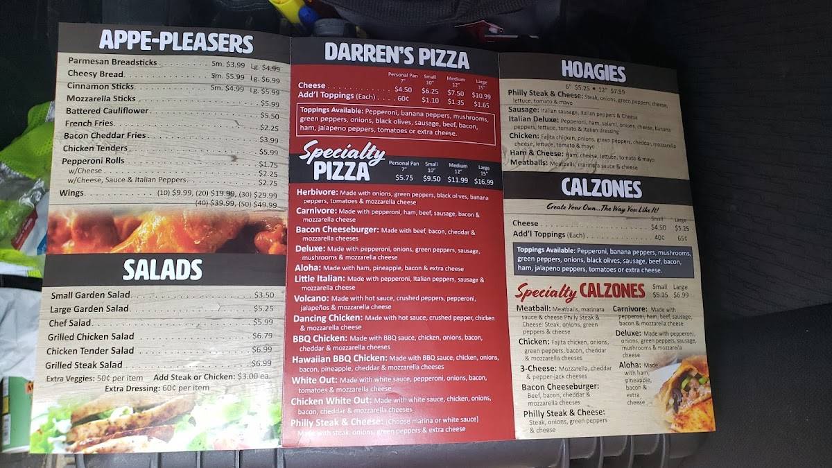 Menu at Darren's Pizza Shack pizzeria, Elkins