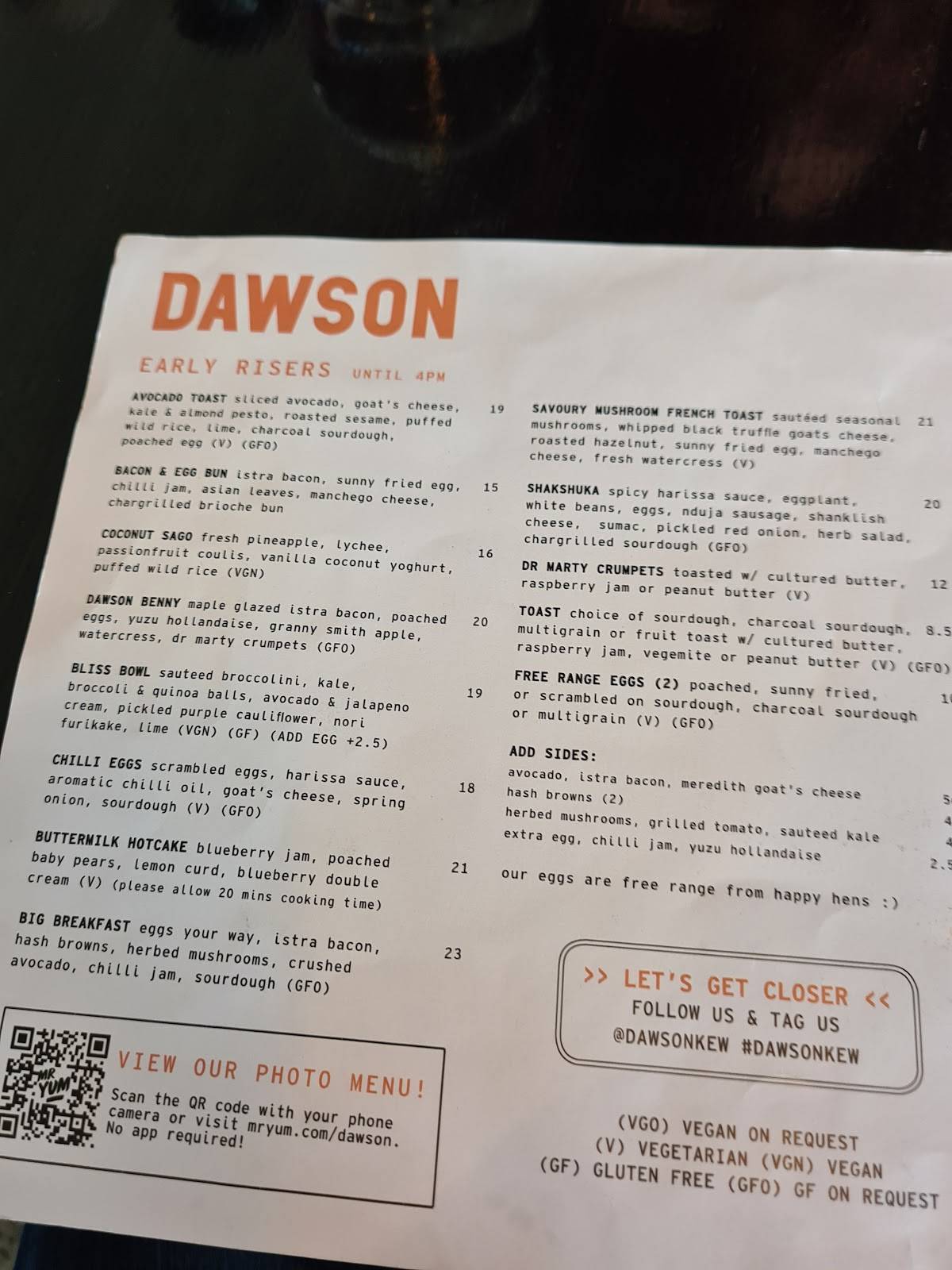Menu at Dawson Eatery & Bar, Kew