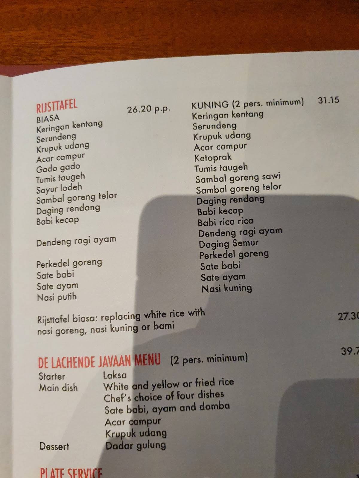 Menu at De Lachende Javaan, Haarlem