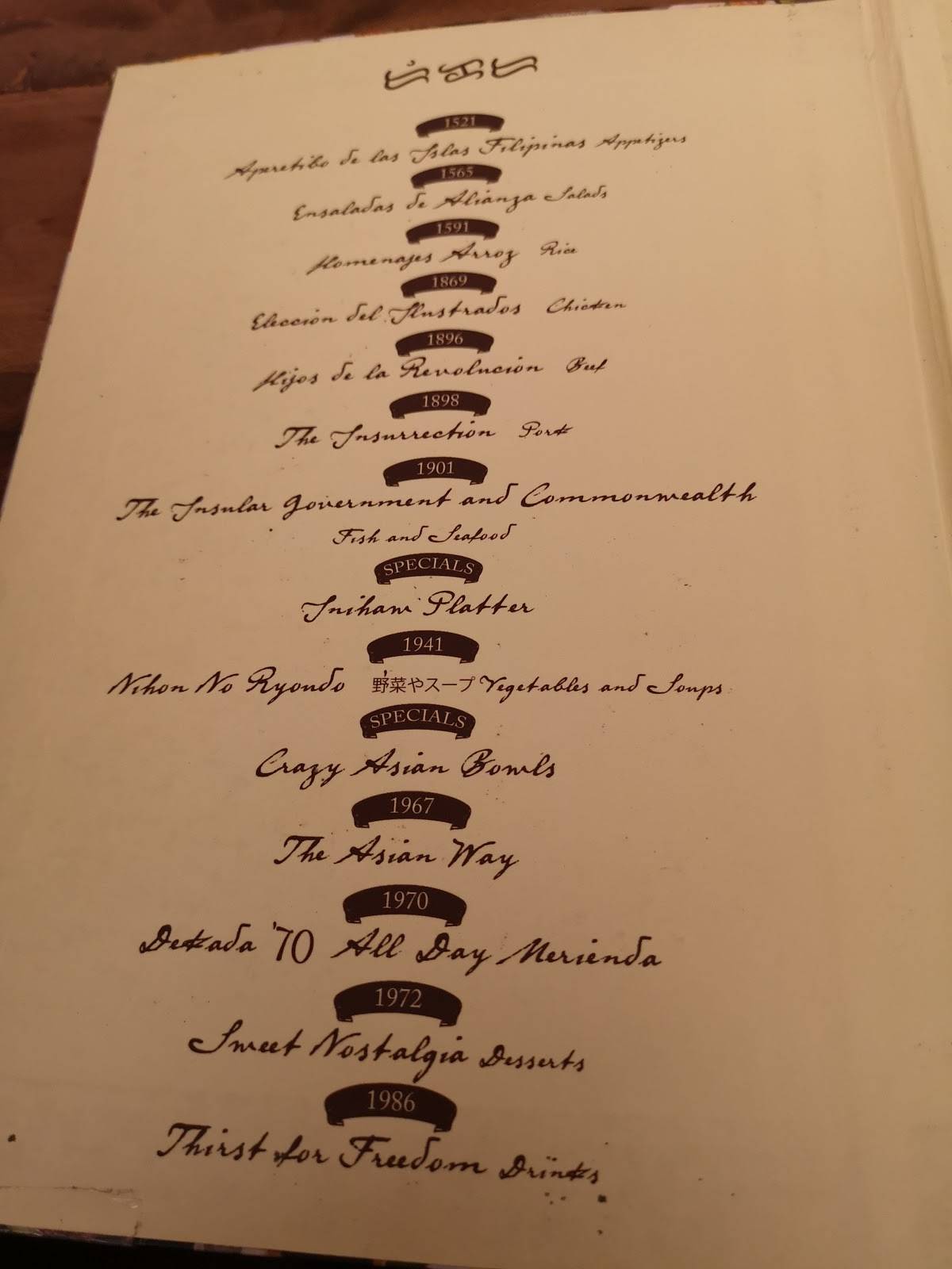 Menu at Dekada, Historic Filipino Cuisine restaurant, Makati