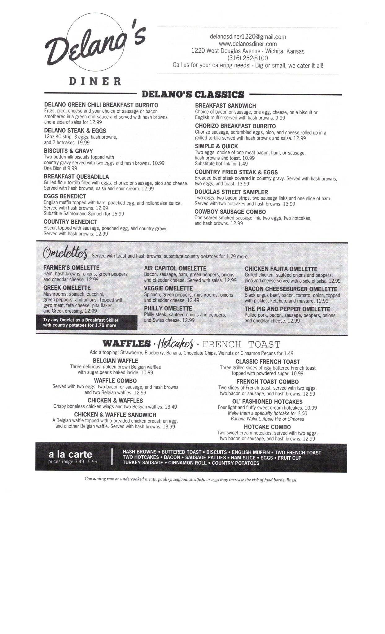 Menu at Delano's Diner restaurant, Wichita