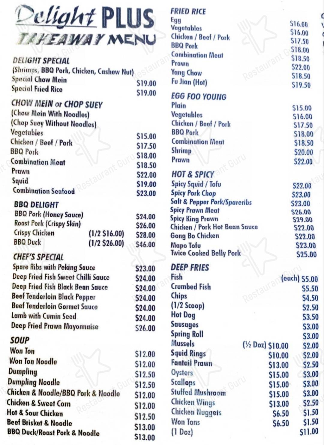Menu at Delight Plus Chinese Restaurant, Napier