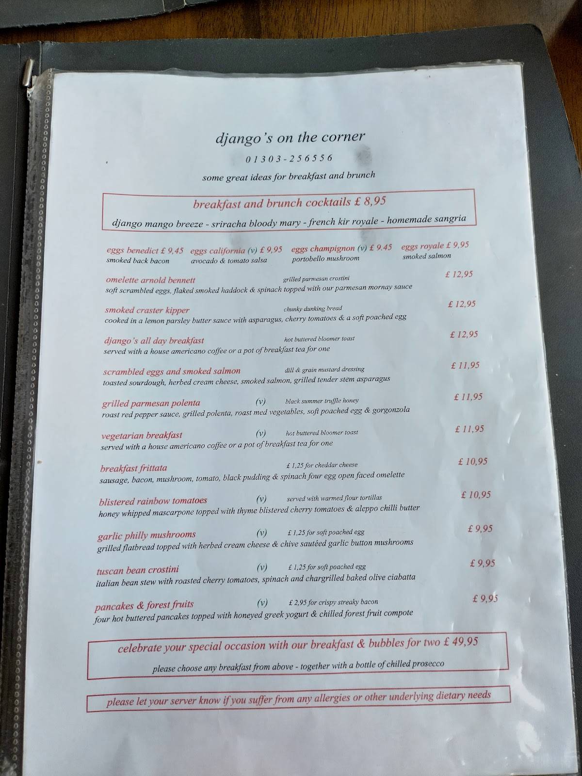 Menu at Django's Cafe Bar, Folkestone