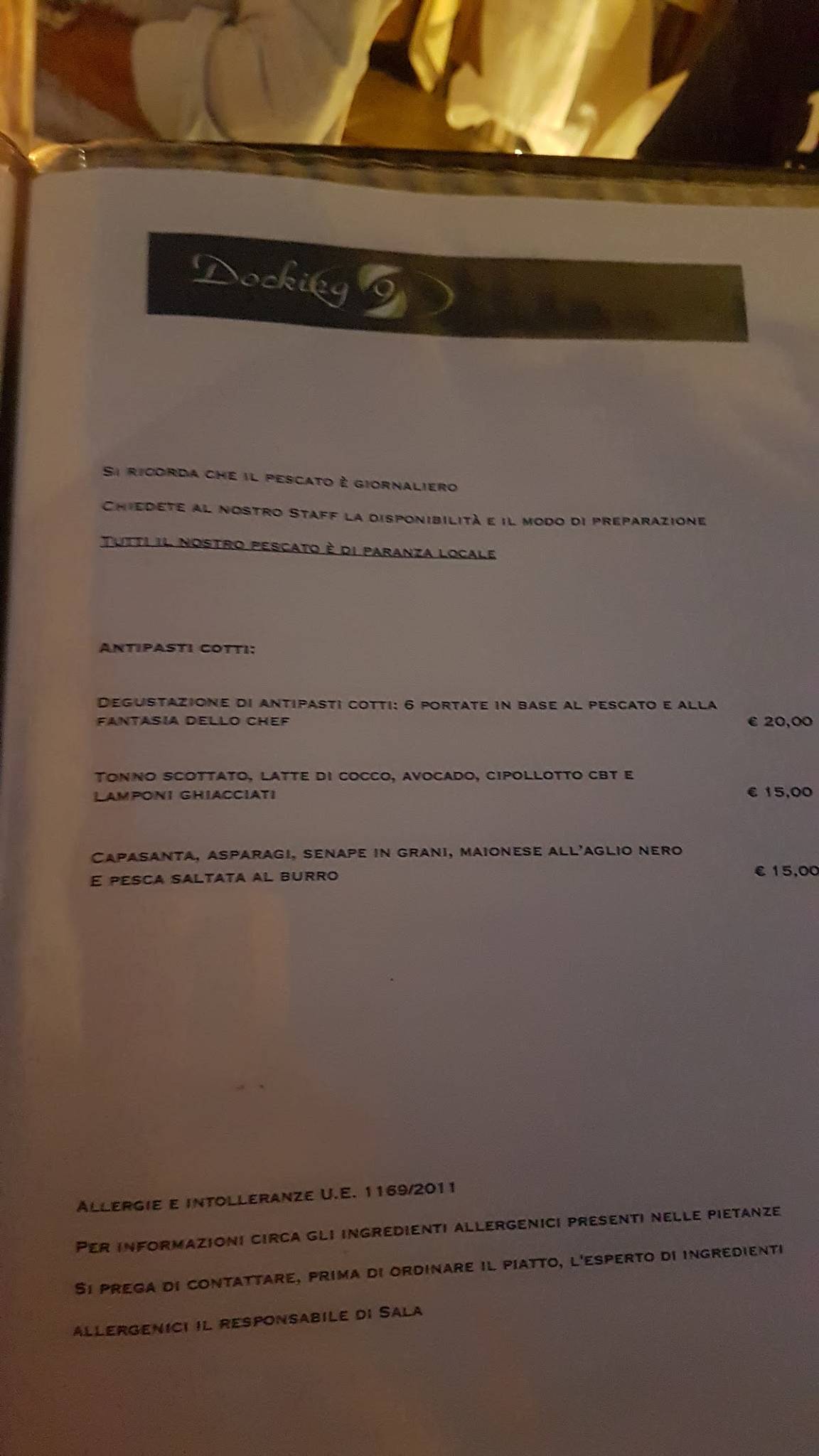 Speisekarte von Docking 9 restaurant, Fiumicino