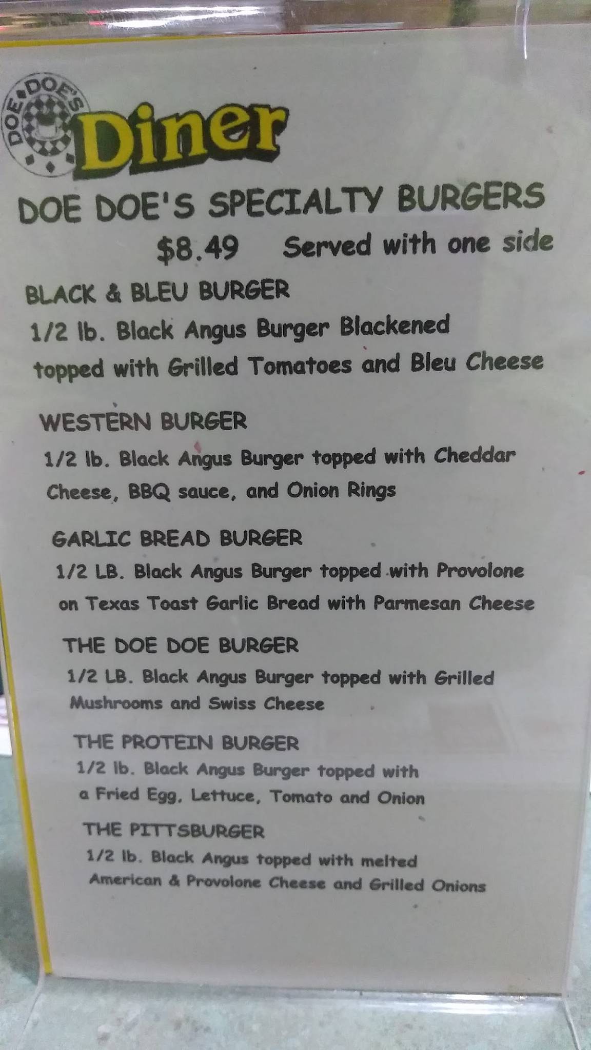 Menu at Doe Doe's Diner restaurant, Seminole