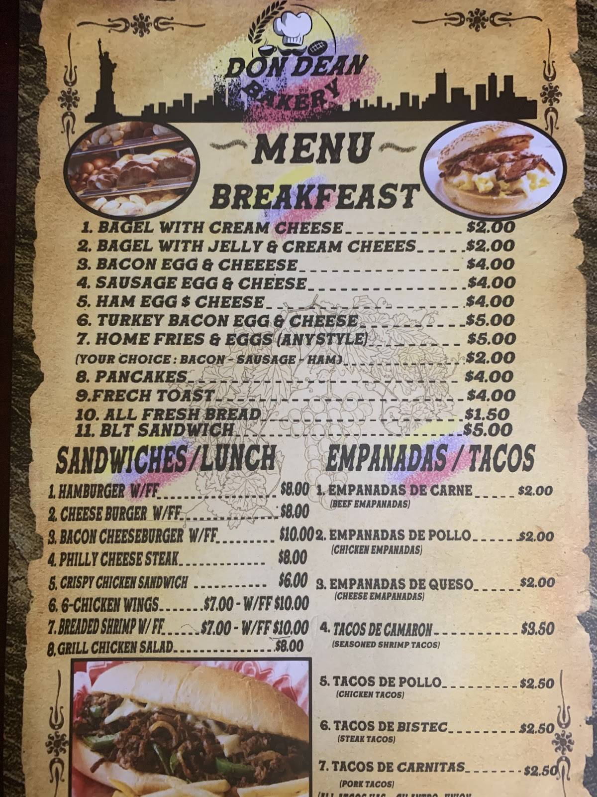 Menu at Don Dean Bakery, New York City