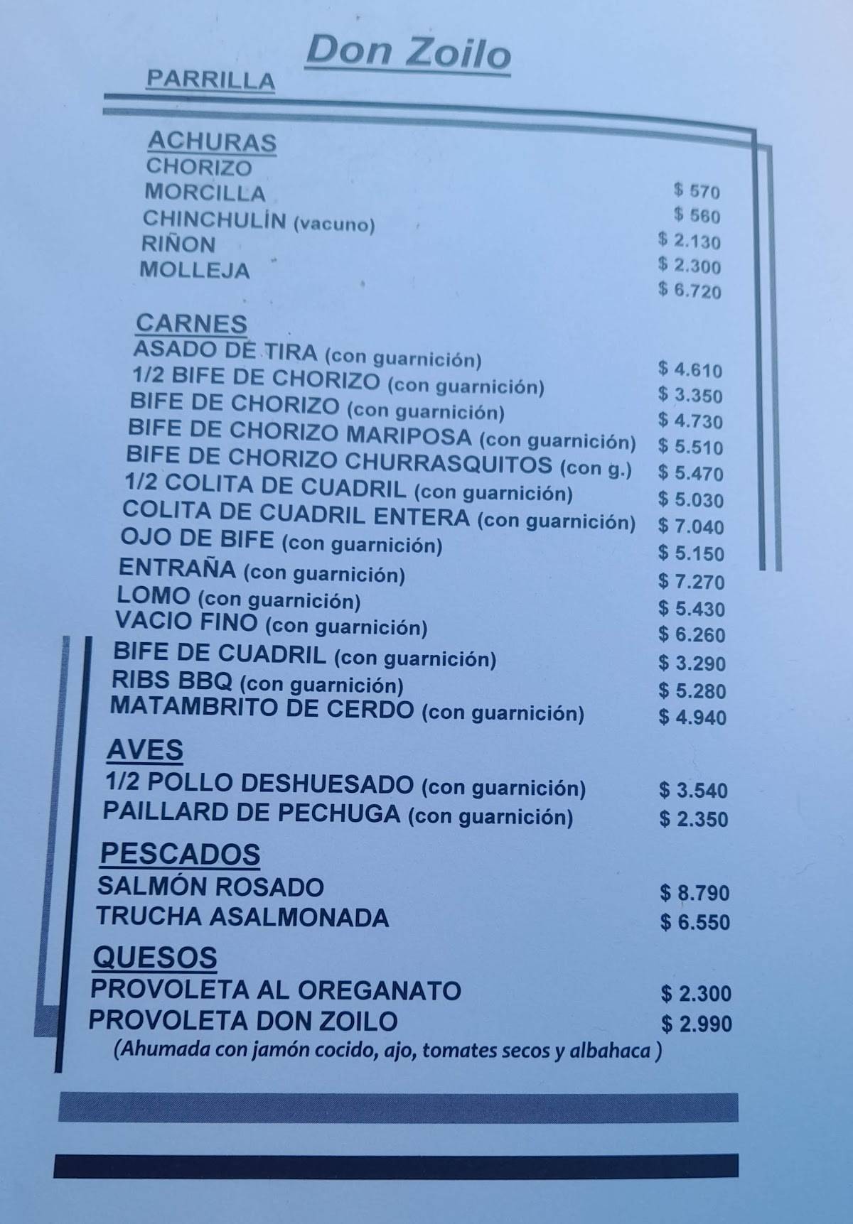 Carta del restaurante Don Zoilo, Buenos Aires