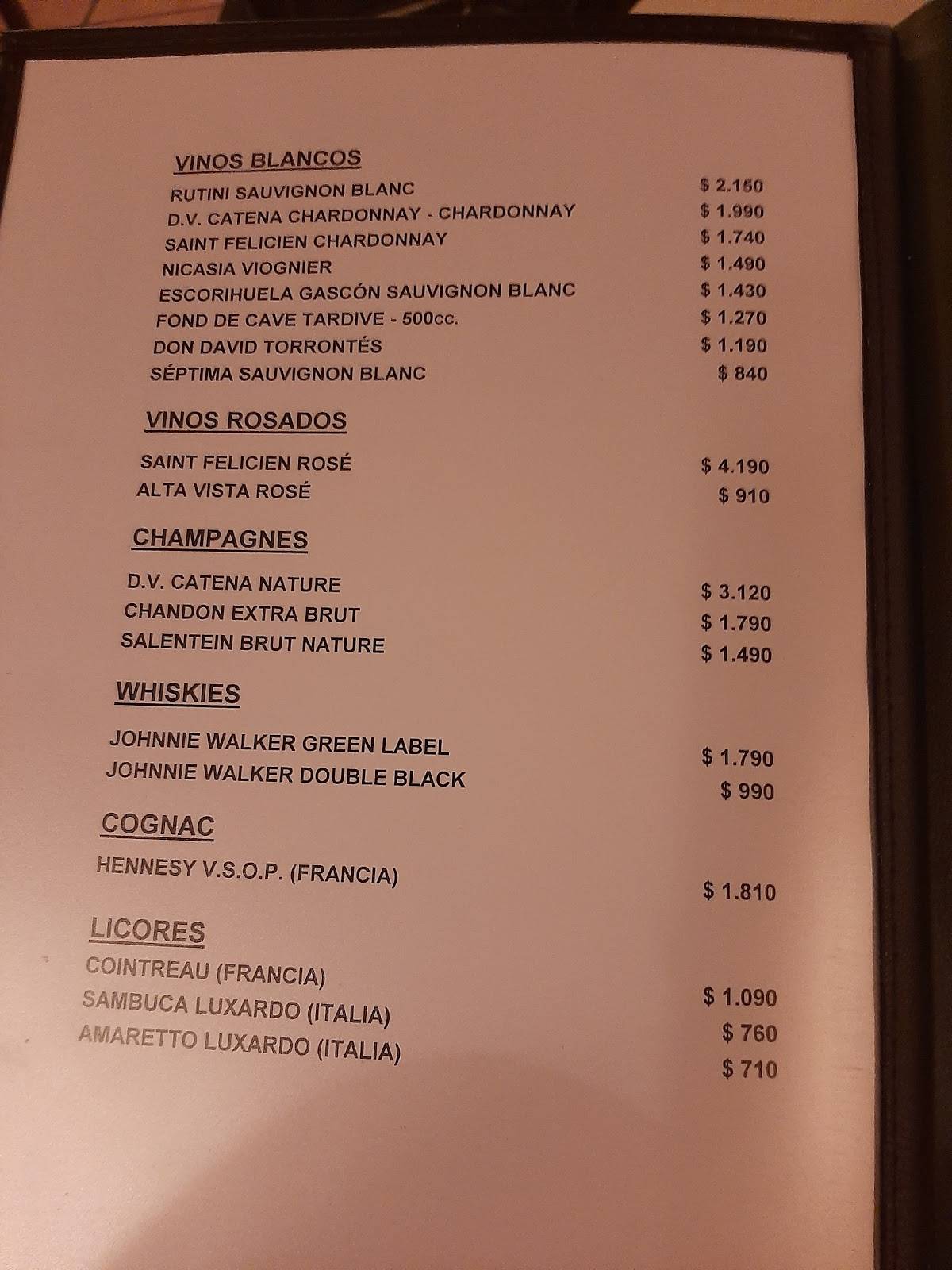 Carta del restaurante Don Zoilo, Buenos Aires