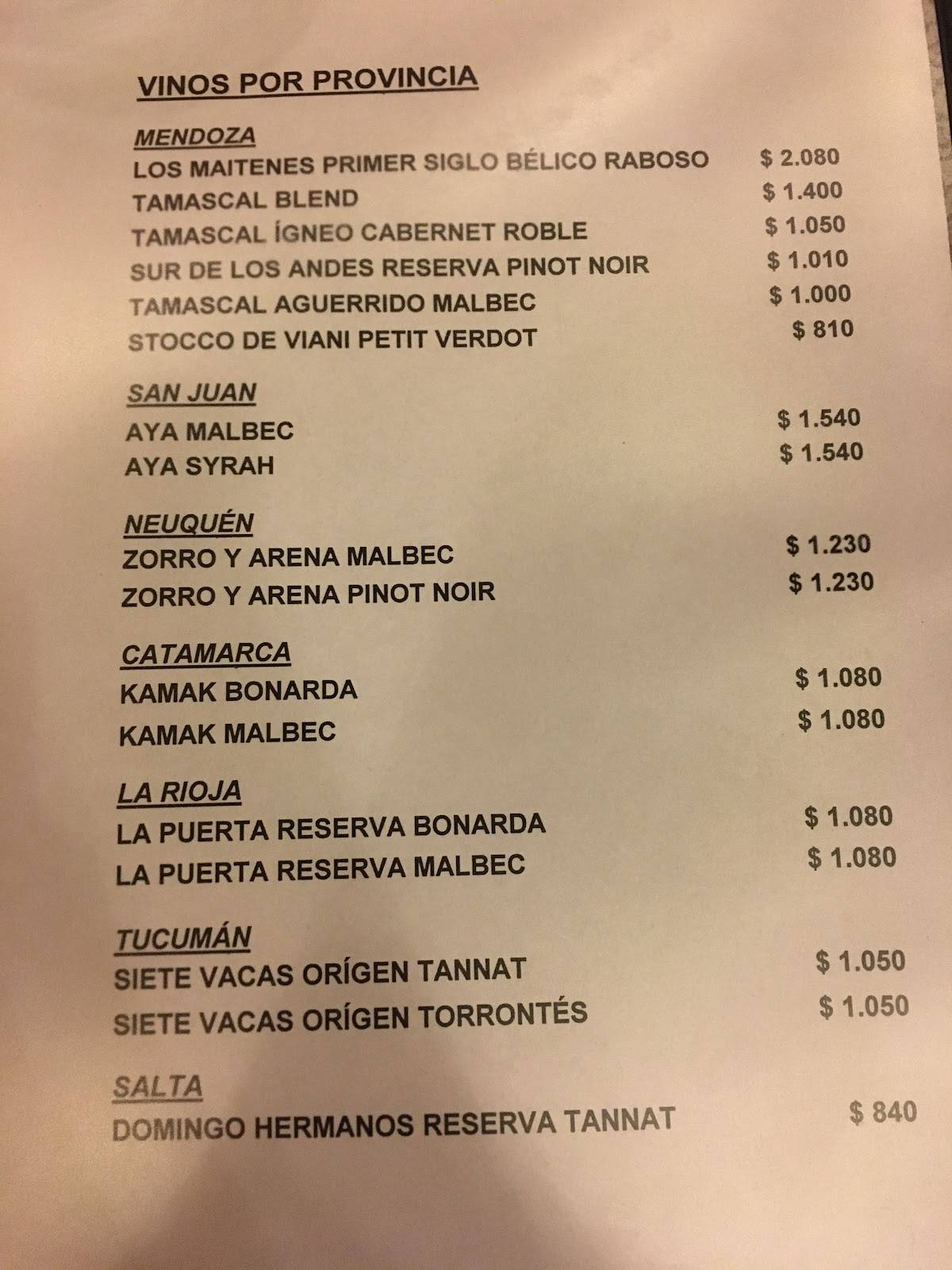 Carta del restaurante Don Zoilo, Buenos Aires