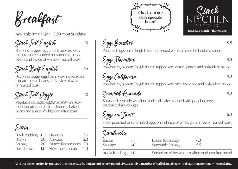 Menu at Stack Kitchen at Baggeridge cafe, Dudley