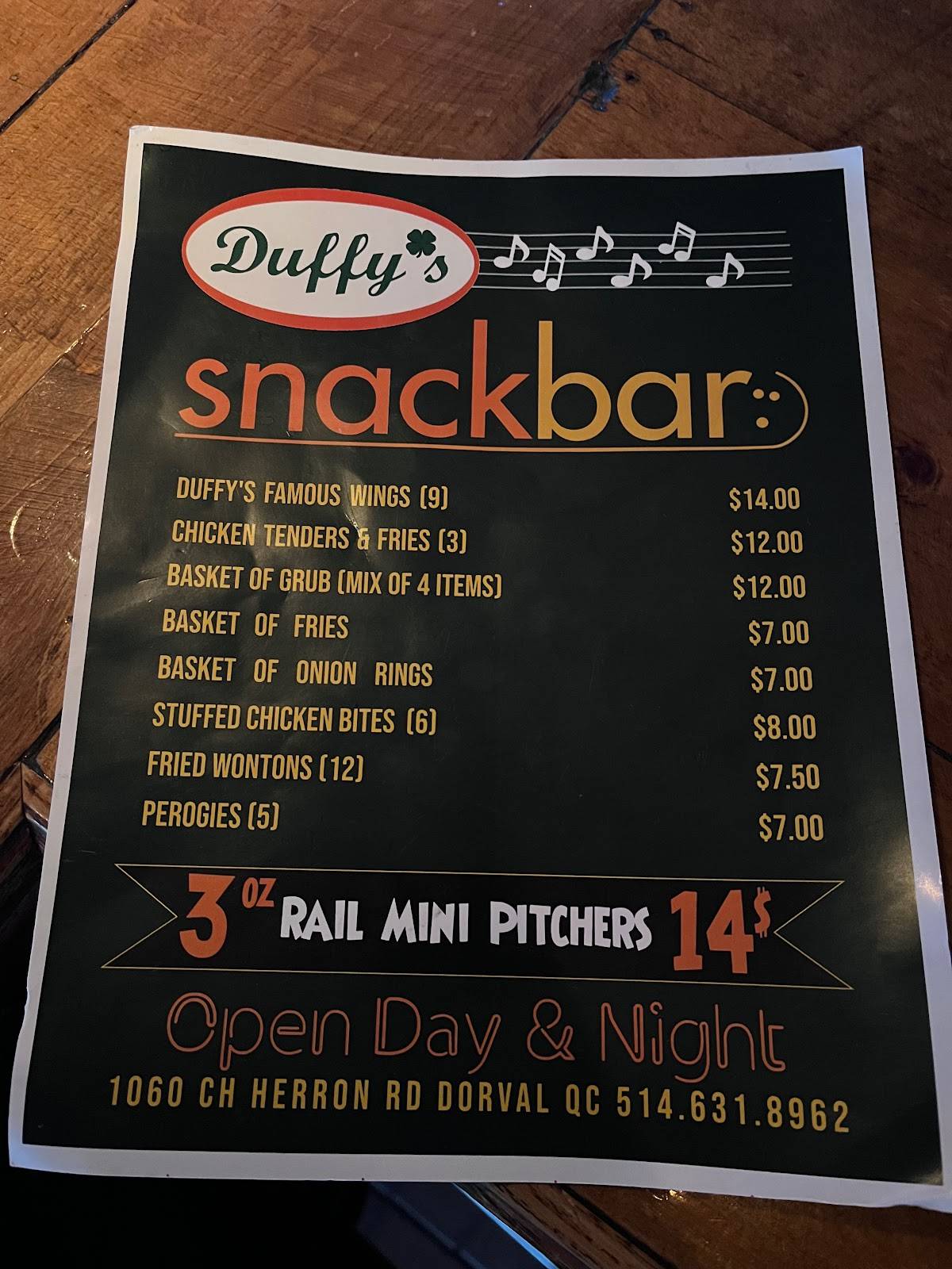 Menu at Duffy's pub & bar, Dorval