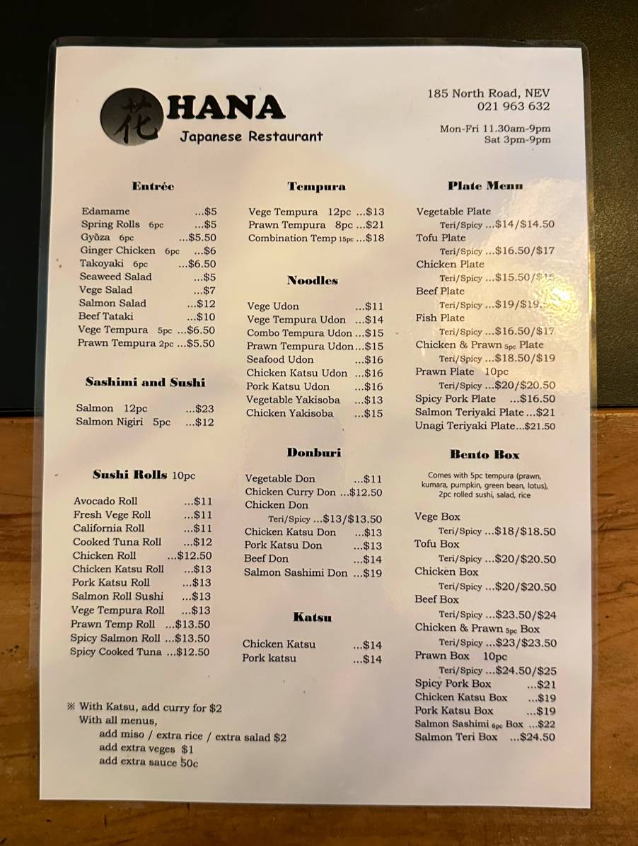 Menu at Hana Japanese Restaurant, Dunedin