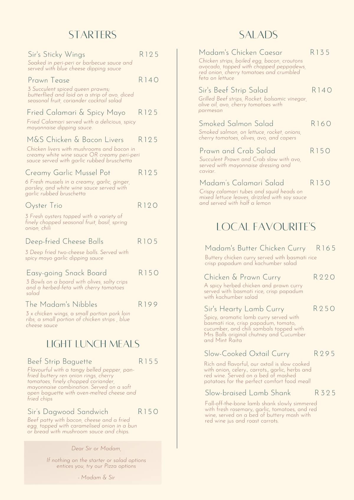 Menu at Madam & Sir Florida Road restaurant, Durban